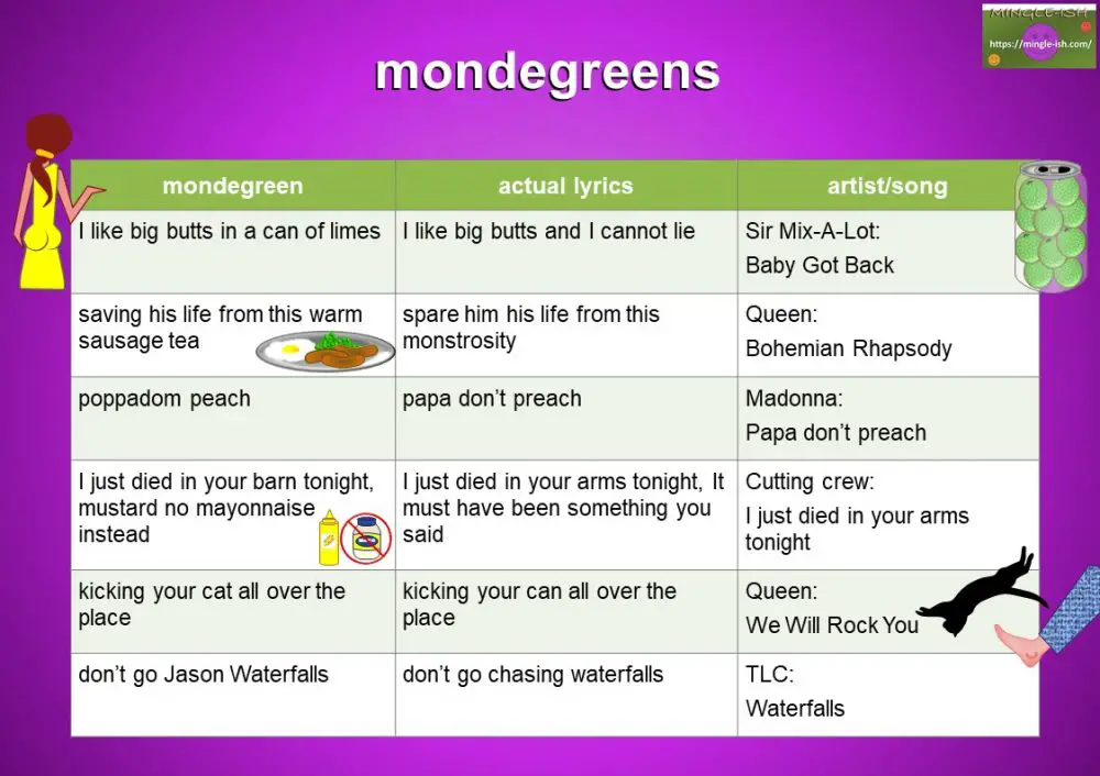 MONDEGREENS - misheard song lyrics - Mingle-ish