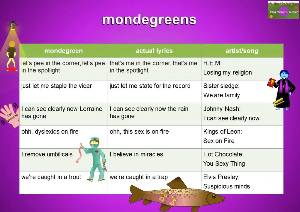 MONDEGREENS - misheard song lyrics - Mingle-ish